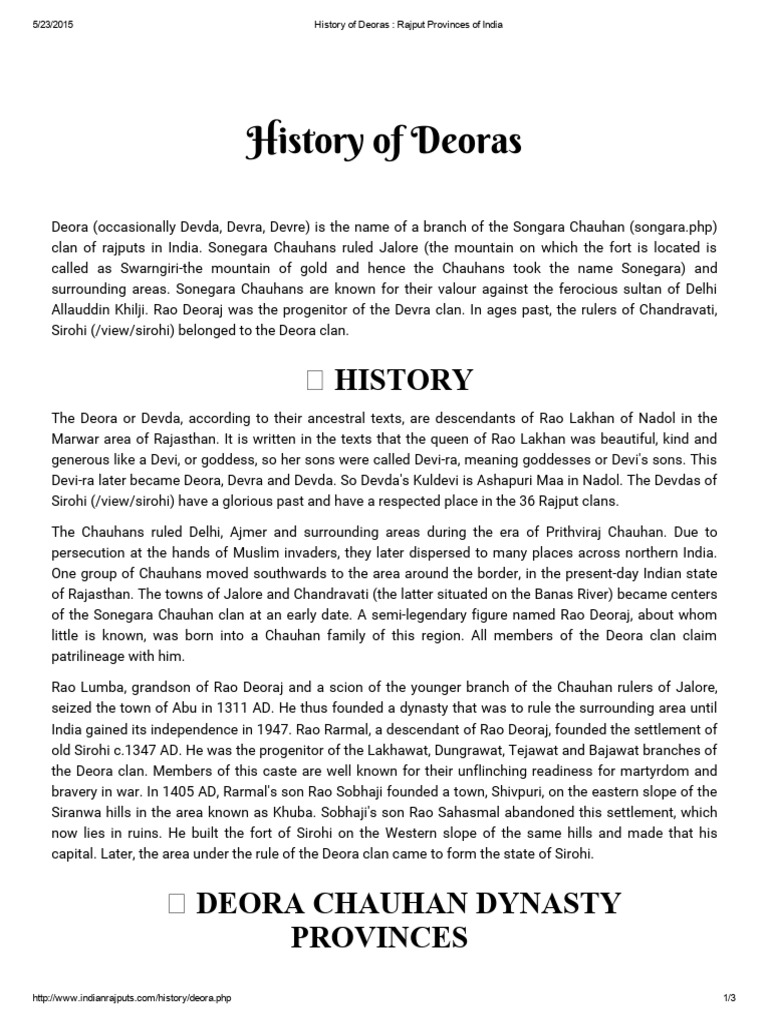 History of Deoras - Rajput Provinces of India | PDF