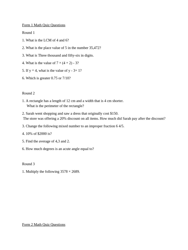 Mathematics Quiz Form 1 and 2 | PDF