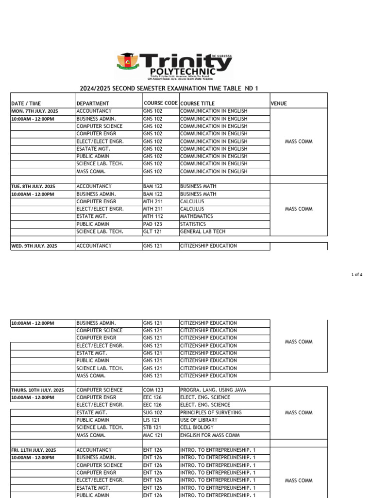 Second Sem Exams Timetable Nd1 | PDF | Physical Sciences | Computing