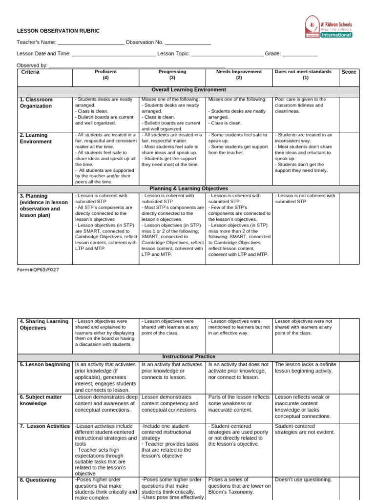 QP65-F27 Lesson Observation Rubric | PDF | Nonverbal Communication ...