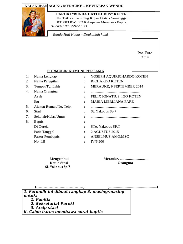Formulir Komuni Pertama Stasi | PDF