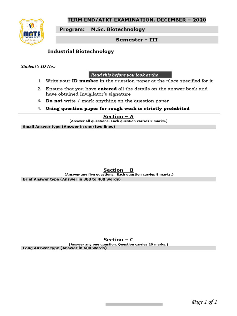 Industrial Biotechnology Quetion Paper | PDF | Fermentation | Chess Theory