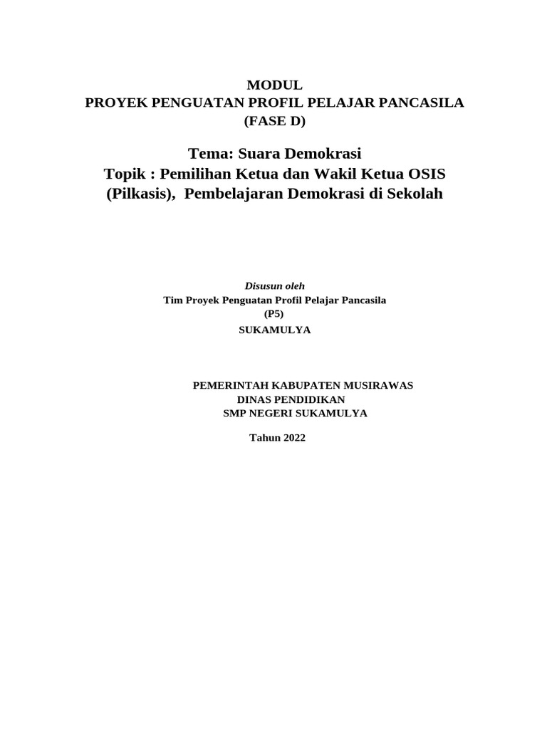 LAMPIRAN Modul Projek - Suara Demokrasi Pemilihan Ketua Dan Wakil Ketua OSIS (Pilkasis) - Fase D ...