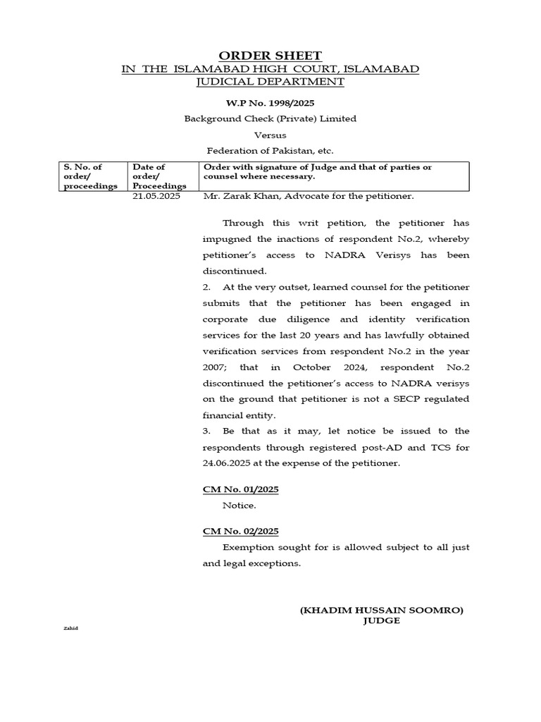 Nadra Secp W.P - No. - 1998-2025 - 638834431301571485 | PDF