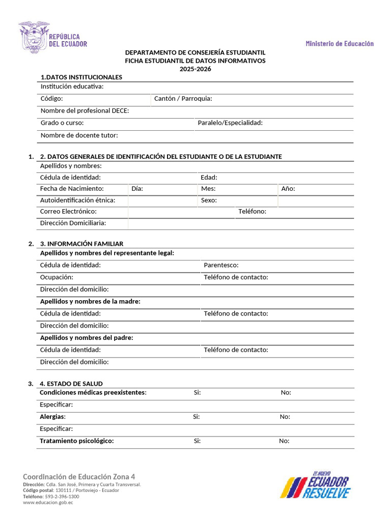 Ficha Estudiantil de Datos Informativos - DECE | PDF