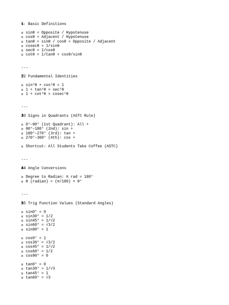 Trigonometry Formula Sheet | PDF