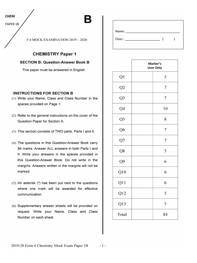 Chemistry Mock Exam Paper 1B | PDF | Electrochemistry | Chemical ...