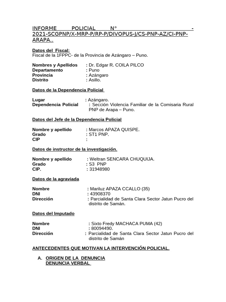 Informe Policial Olina Arenas Calsina | PDF