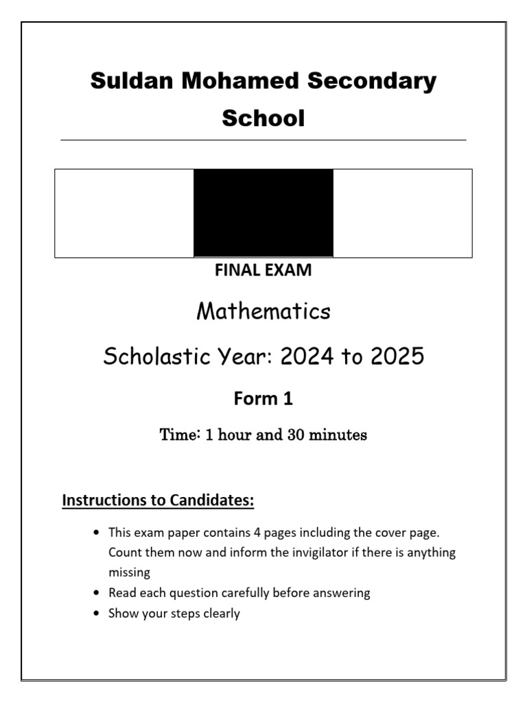 Suldanka Final Exam Form 1 | PDF | Mathematics | Algebra