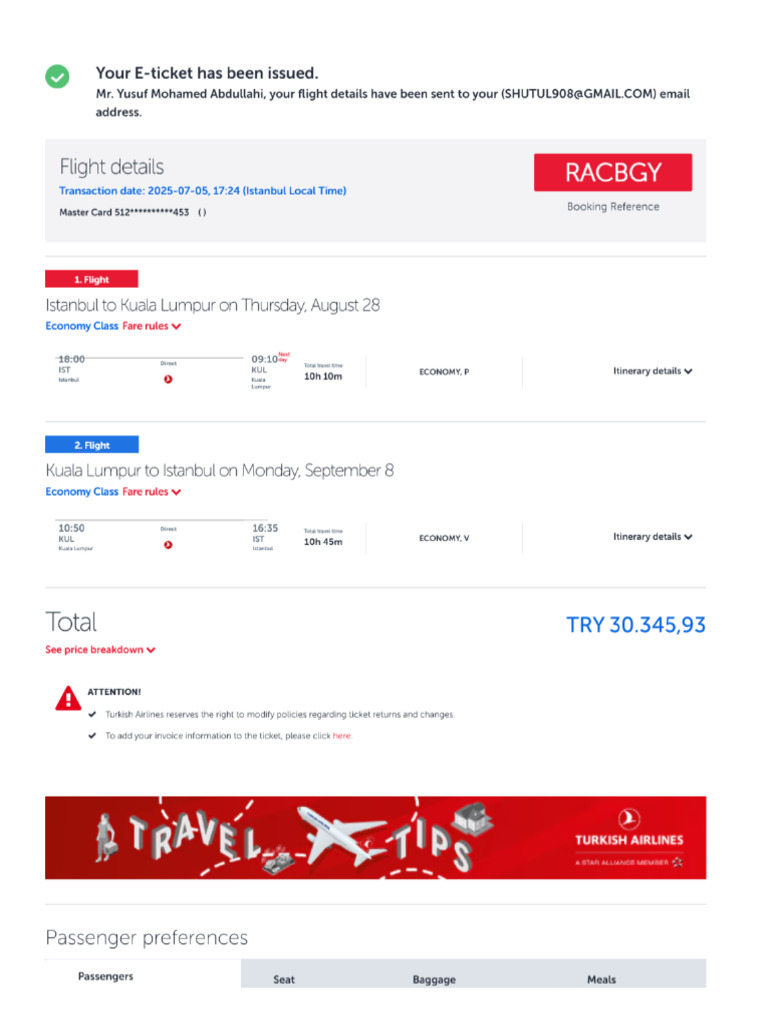 Thank You - Booking - Turkish Airlines ® | PDF