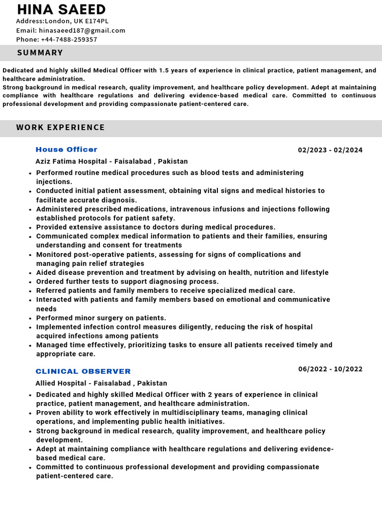 Experienced Medical Officer Resume | PDF | Intravenous Therapy | Medicine