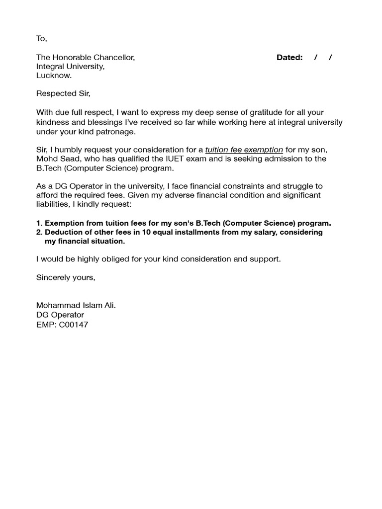 Tuition Fee Exemption Request for Son | PDF
