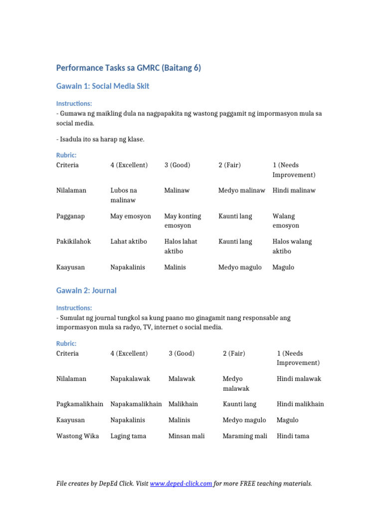 Performance Tasks GMRC Grade6 | PDF