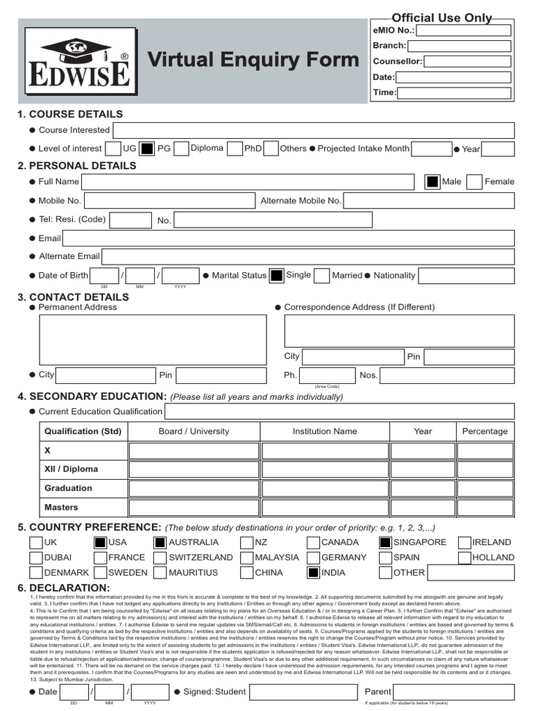 Virtual Enquiry Form for Overseas Education | PDF