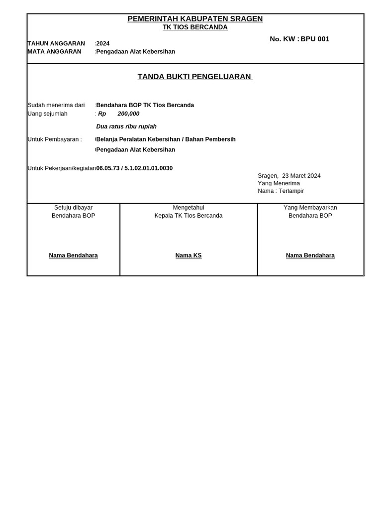 Contoh Bukti Pengeluaran, Kwitansi | PDF