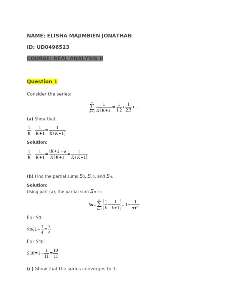 ELISHA MAJIMBIEN JONATHAN - REAL ANALYSIS Assignment - Answering | PDF | Mathematics | Analysis