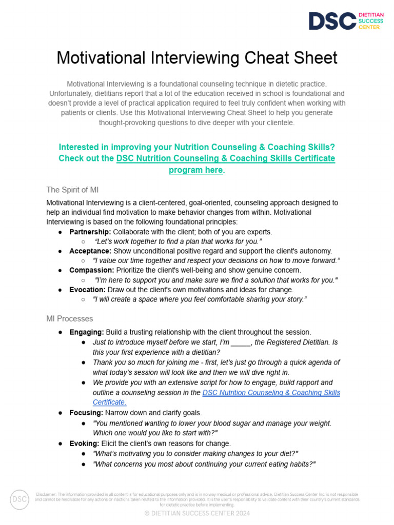 Motivational Interviewing Cheat Sheet 1 | PDF | Social Psychology ...