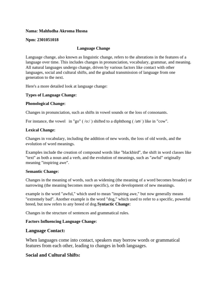 Language Change. Mahfudha Akroma | PDF | Word | Semantics