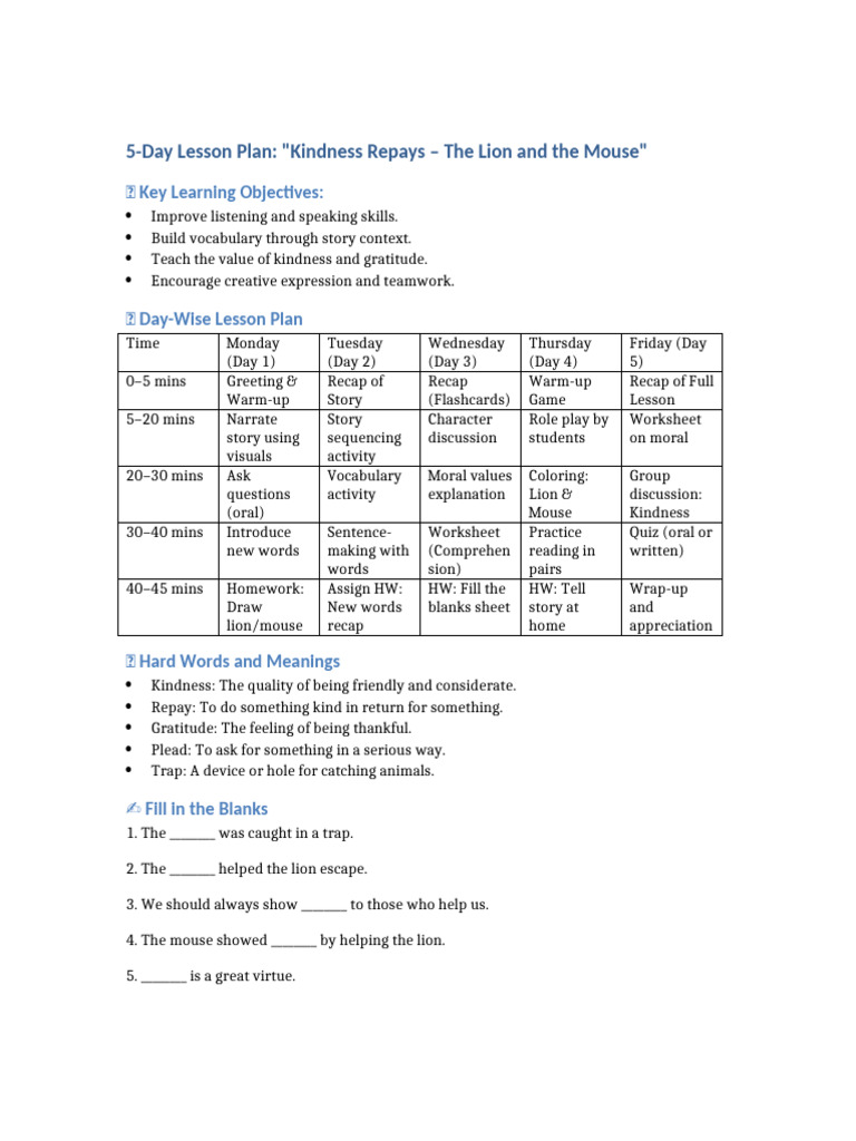 Kindness Repays Lesson Plan | PDF | Lesson Plan | Learning