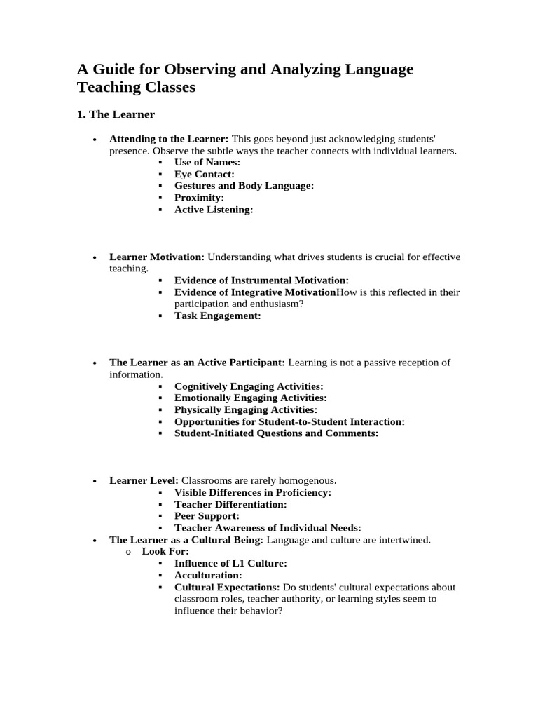 A Guide For Observing and Analyzing Language Teaching Classes | PDF ...