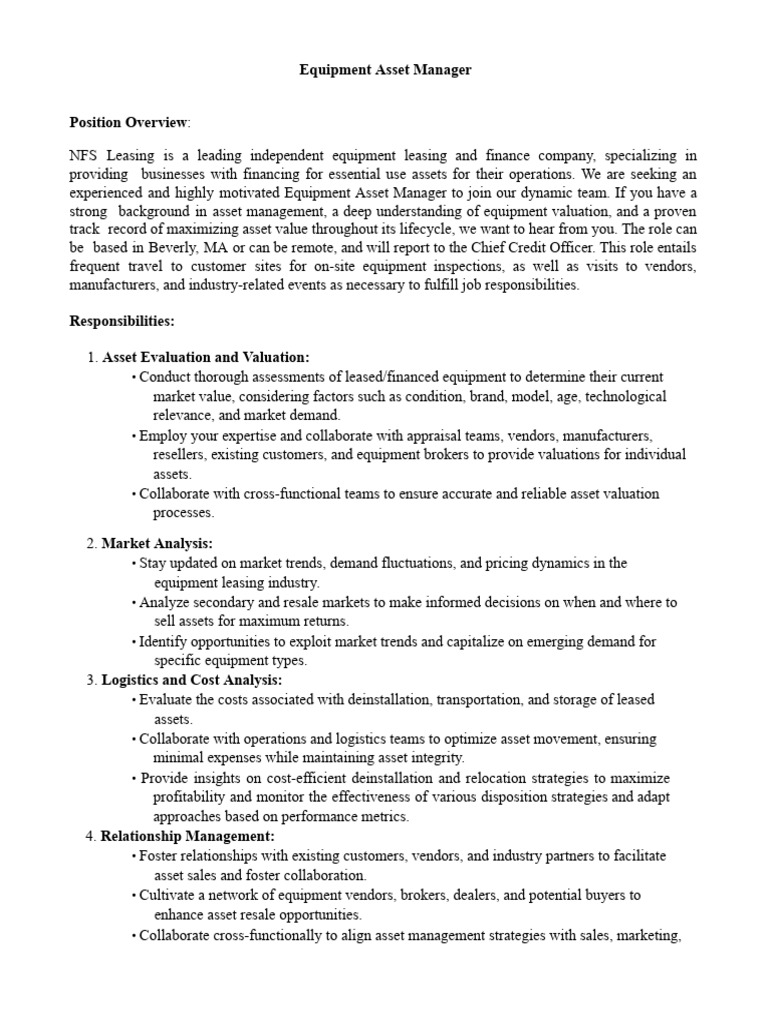 NFS Equipment Asset Manager Job Description | PDF | Valuation (Finance ...