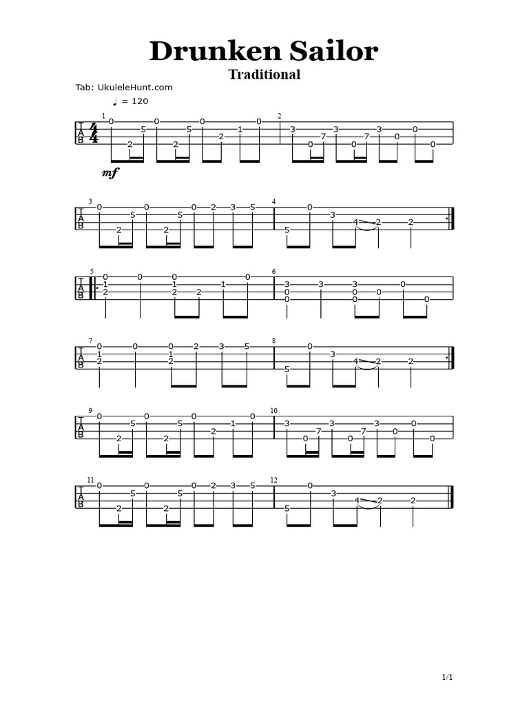 Drunken Sailor Ukulele Tabs and Chords | PDF