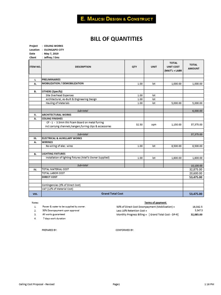 Ceiling Cost Proposal - Revised | PDF