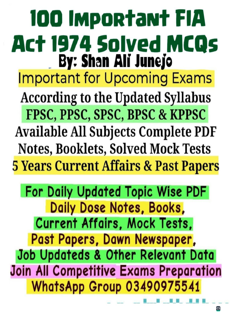 100 Important FIA Act Solved MCQs by Shan Ali Junejo 03490975541 ...