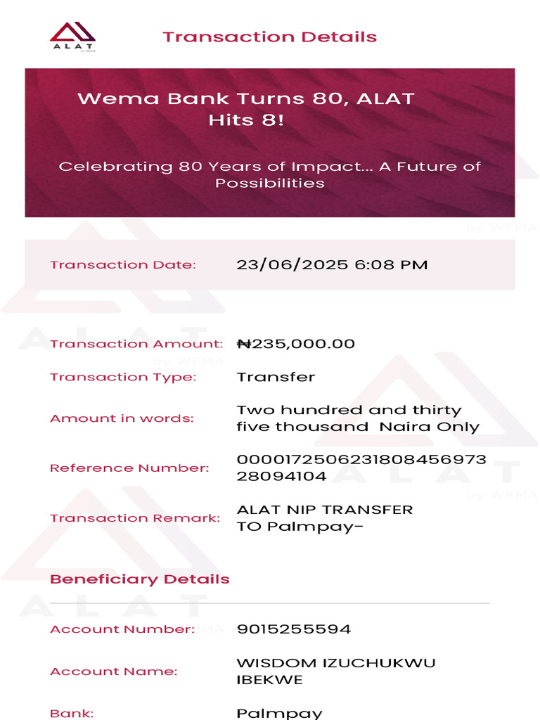 Transfer Receipt - WISDOM IZUCHUKWU IBEKWE - 9015255594 - 235000.0 ...