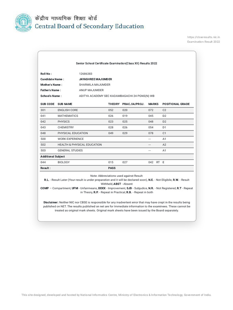 CBSE Class 12 Result 2022 for Jayashree | PDF | Secondary Education ...