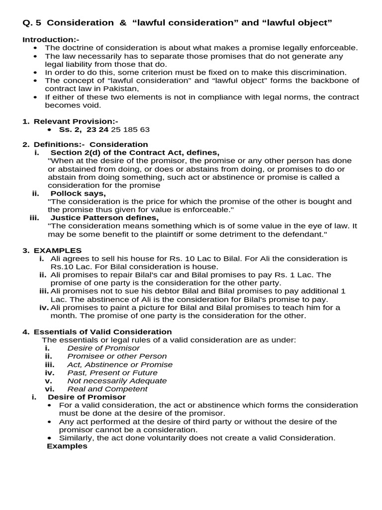 Q. 5 Consideration & Lawful Consideration" and "Lawful Object | PDF ...