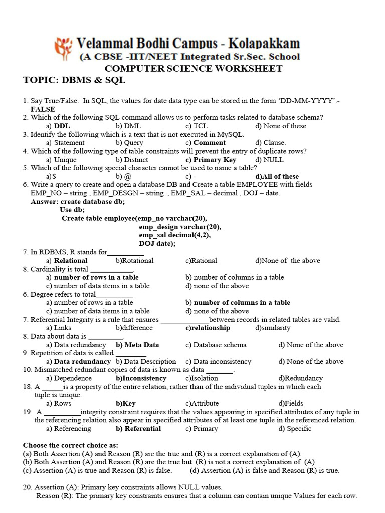 Unit 3 - Dbms - Cs Worksheet 2-Answer | PDF | Relational Database | Table (Database)