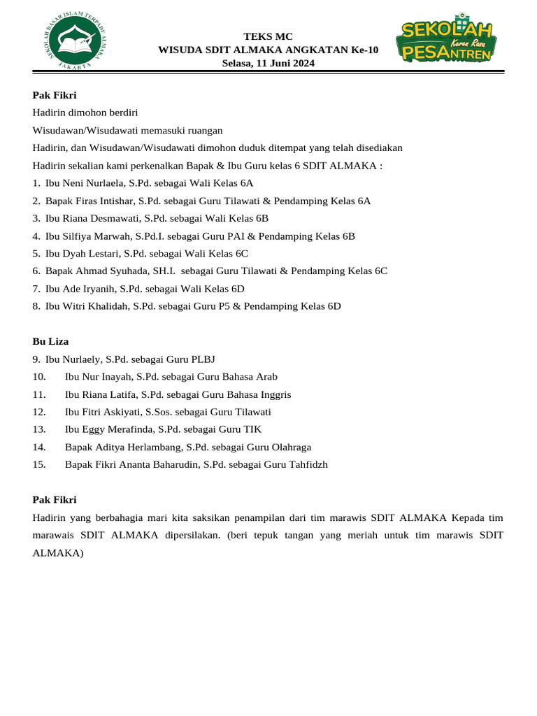 Teks MC Wisuda Sdit-Edit 070724 | PDF