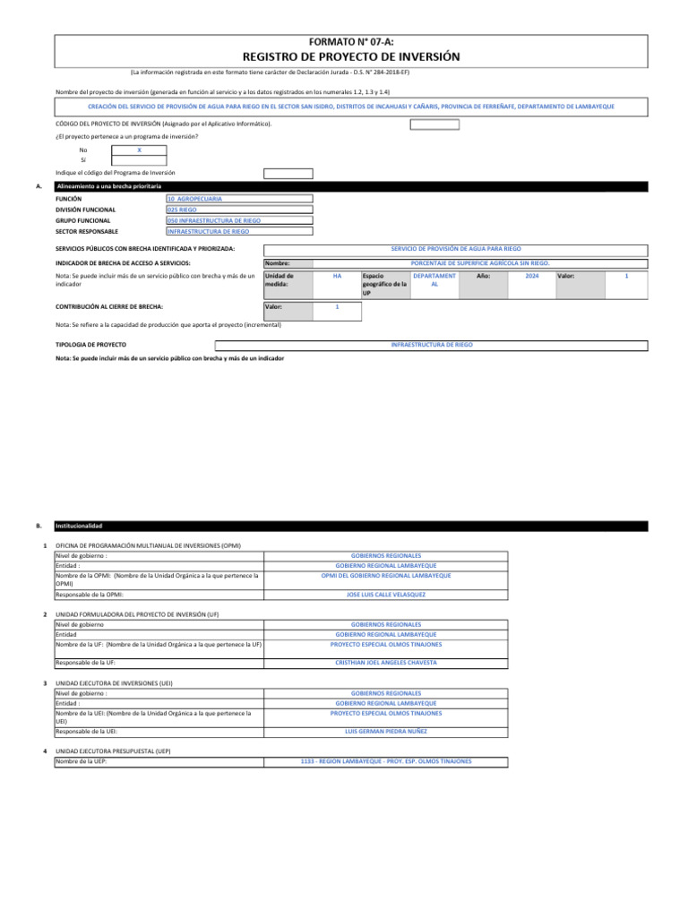 Registro de Proyecto de Inversión | PDF | Riego | Tasa interna de retorno