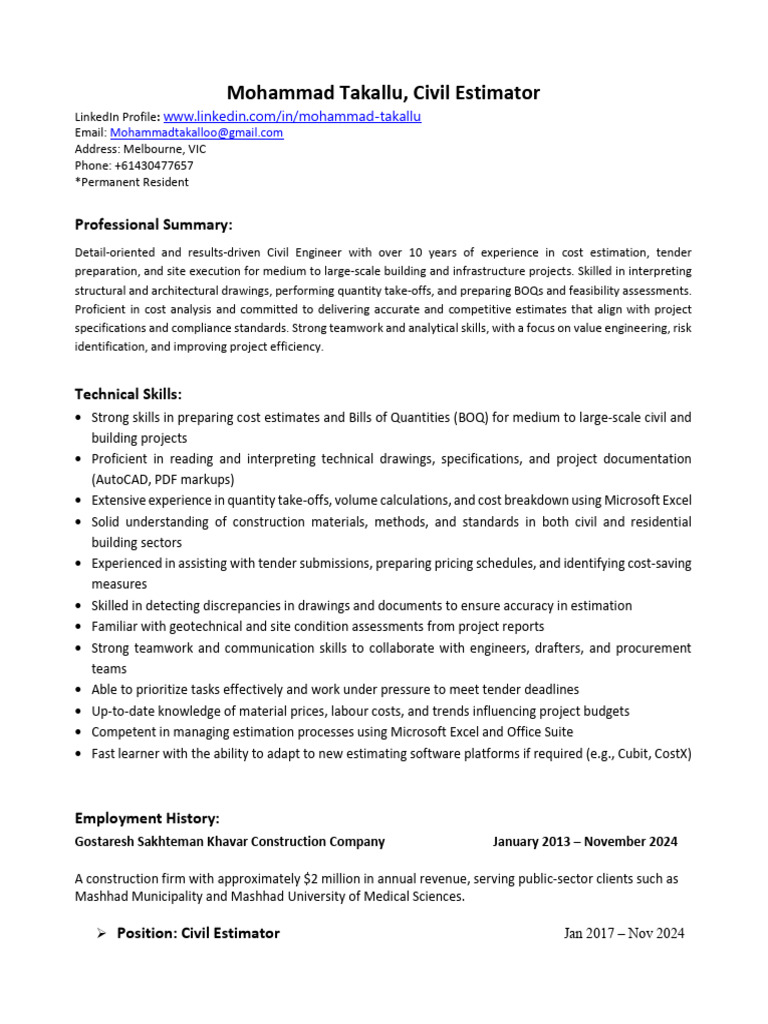 Civil Estimator Resume: Mohammad Takallu | PDF | Specification ...