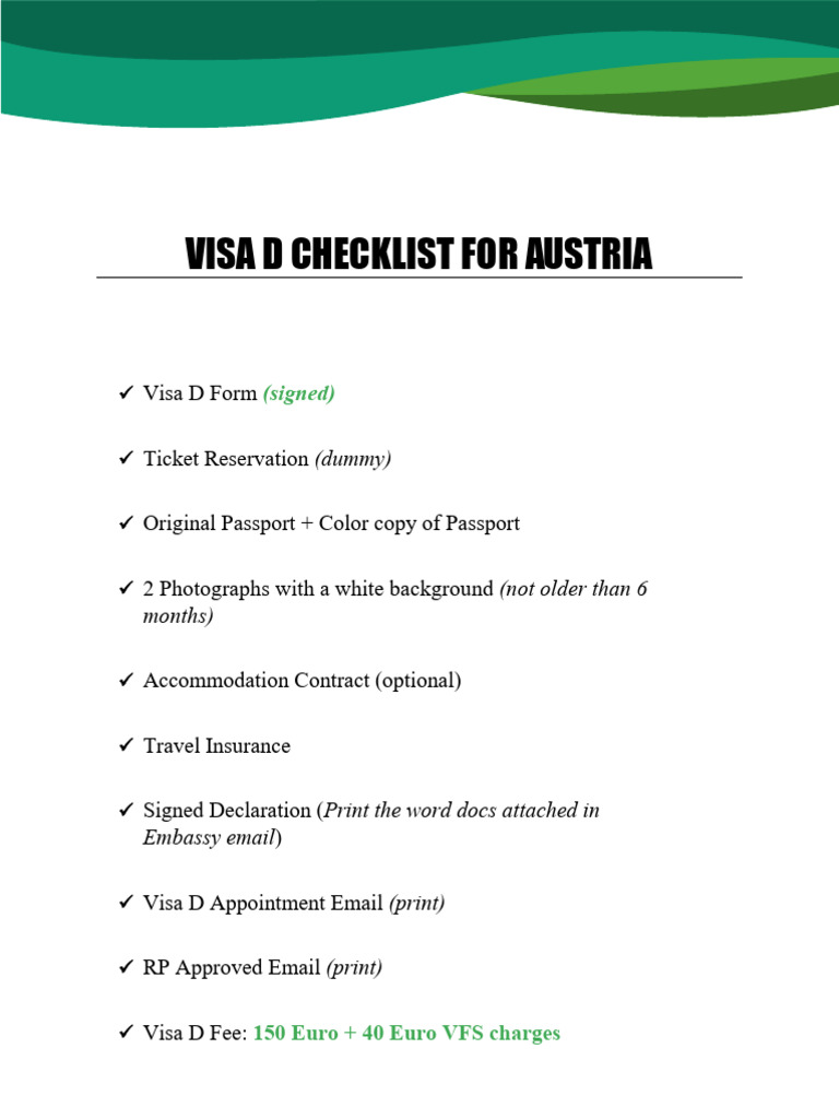 Visa D Checklist For Austria | PDF