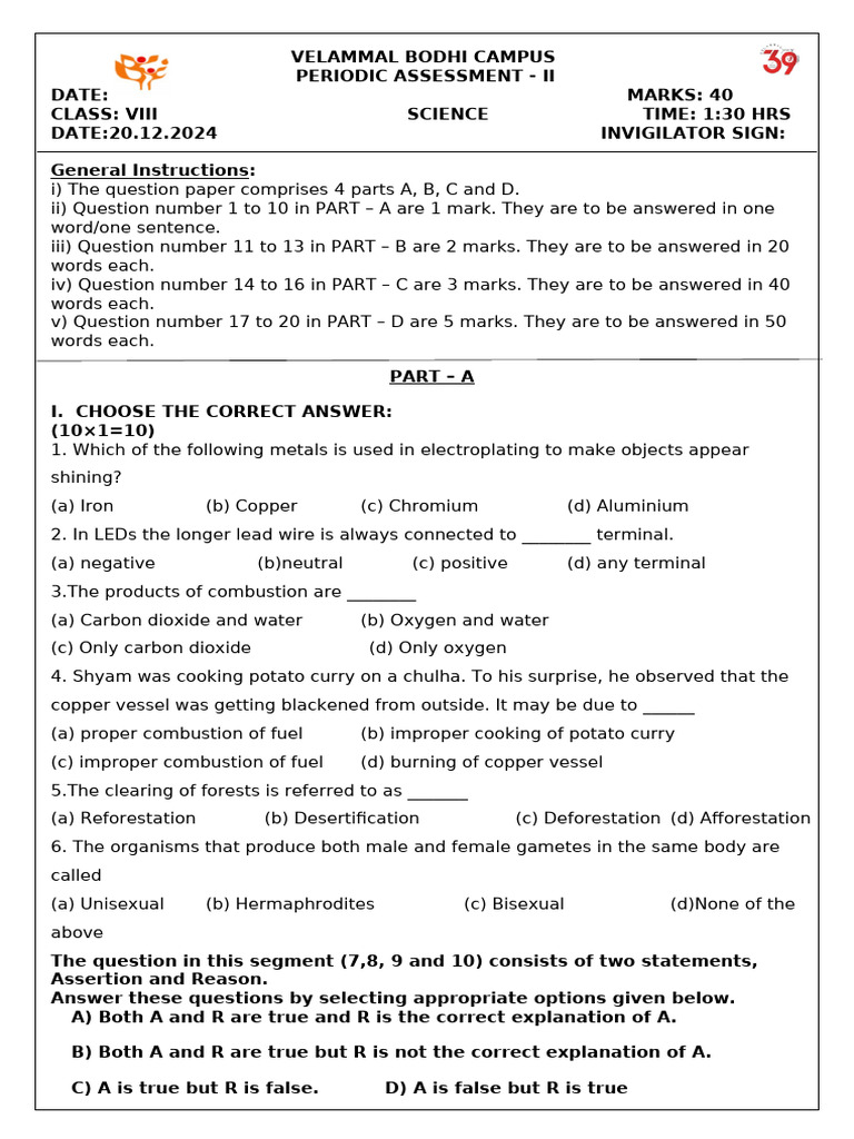 Class VIII Science Assessment Paper | PDF | Combustion | Oxide