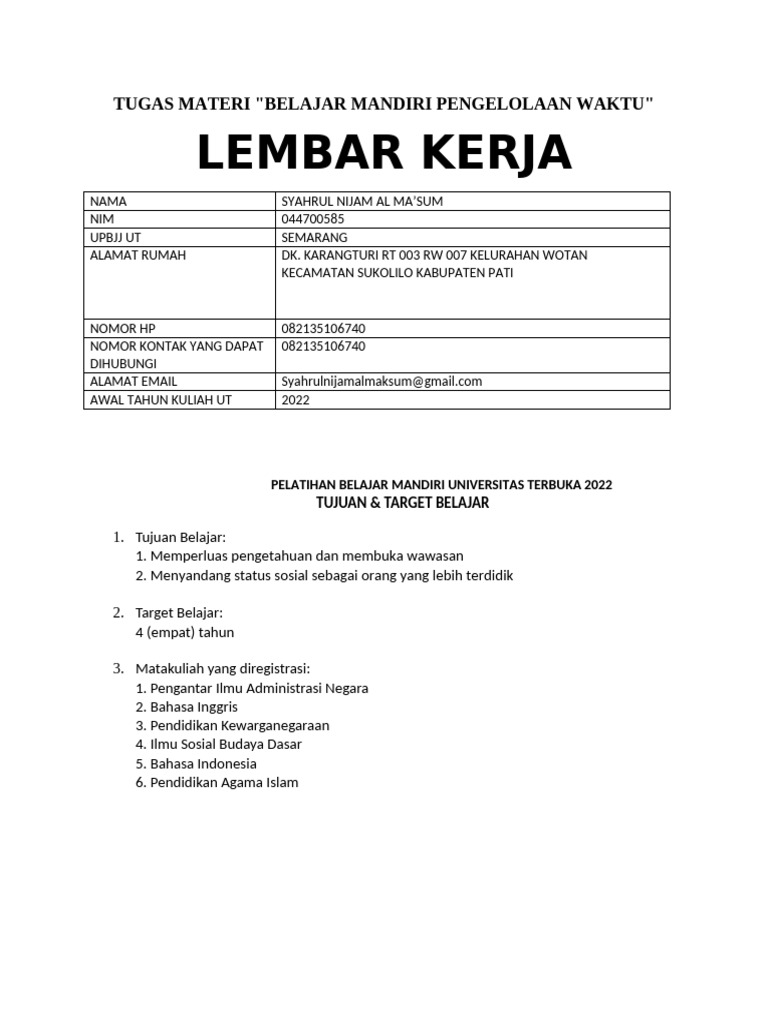 Rencana Belajar Mandiri 2022 UT | PDF