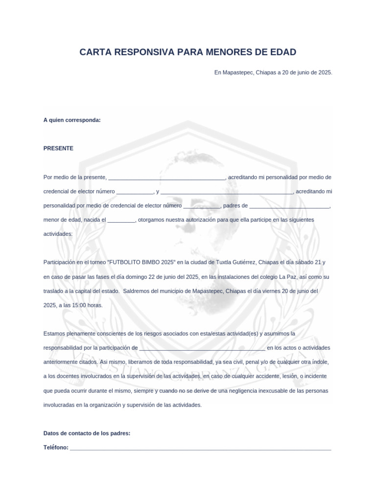 Carta Responsiva para Menores de Edad | PDF