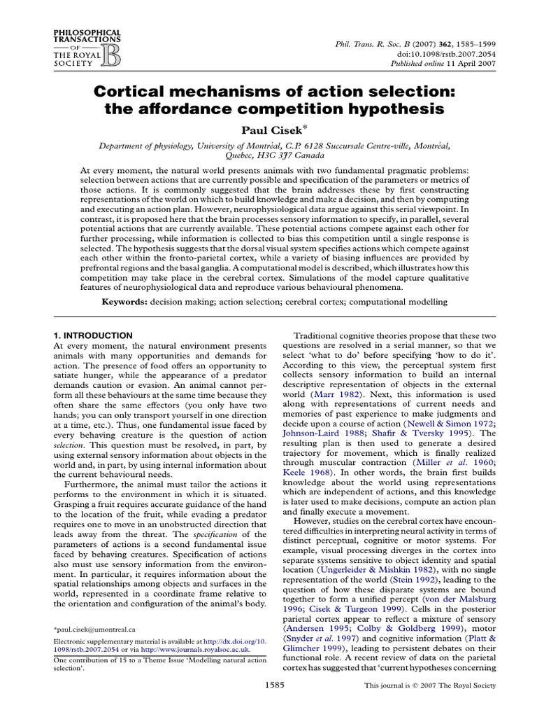 Cisek | PDF | Prefrontal Cortex | Cerebral Cortex