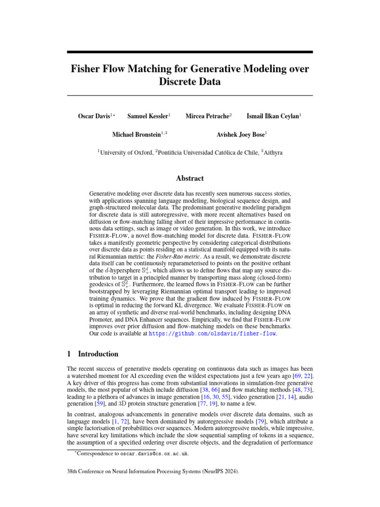 NeurIPS 2024 Fisher Flow Matching For Generative Modeling Over Discrete Data Paper Conference ...
