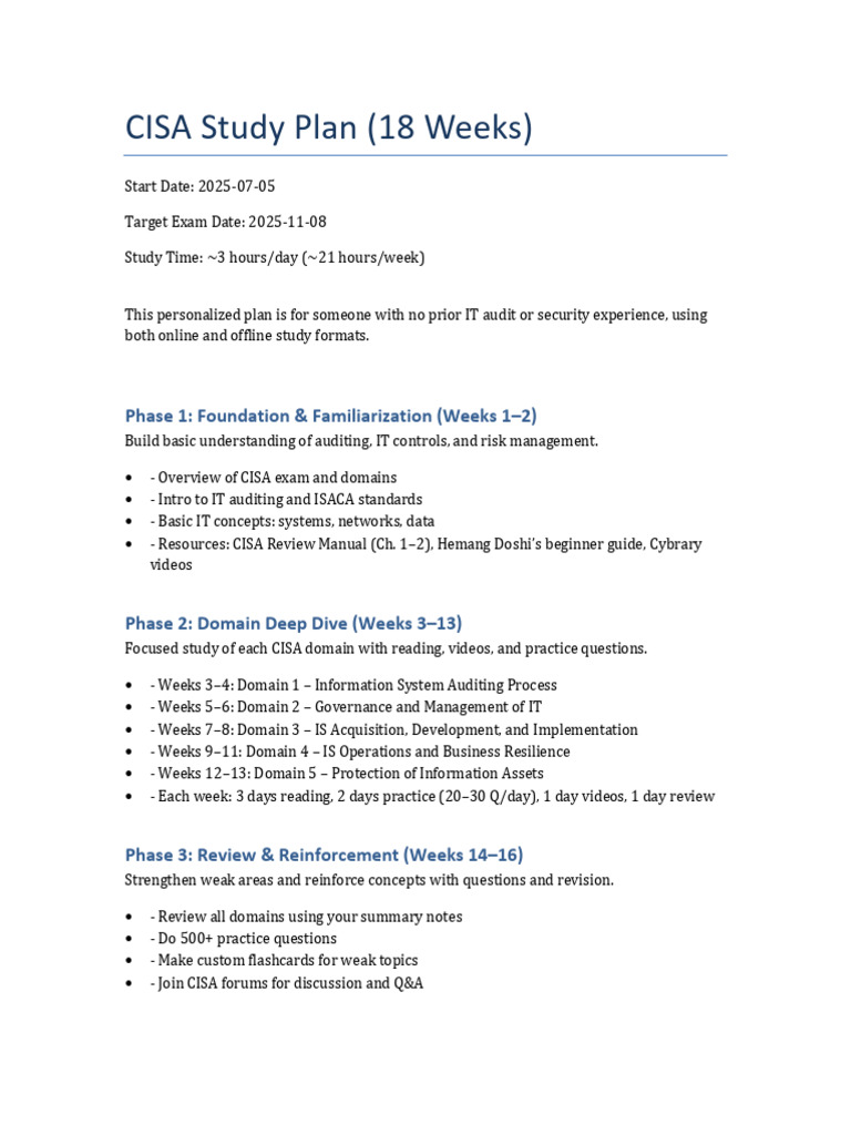 Cisa 18 Week Study Plan For 2025 Pdf