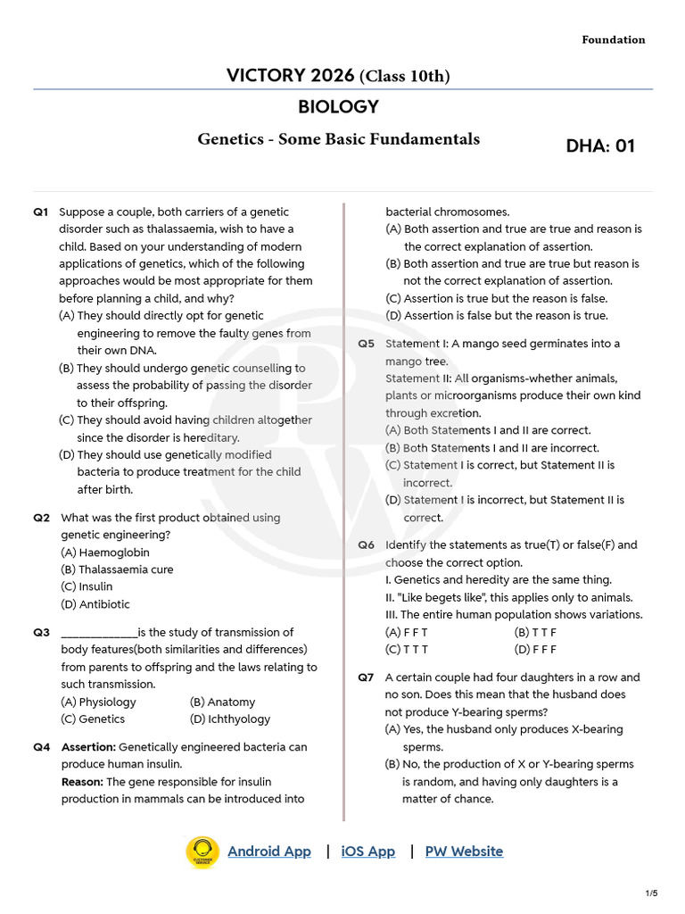 Genetics - Some Basic Fundamentals - DHA 01 - VICTORY 2026 (Class 10th ...