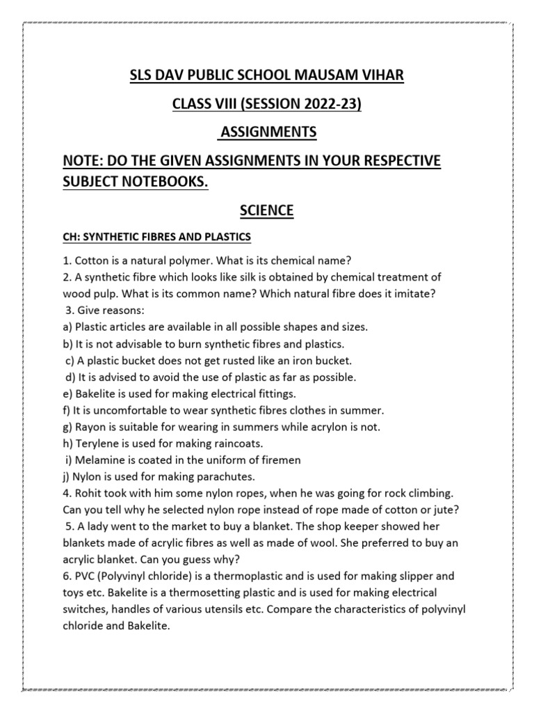 ASSIGNMENTS SCIENCE DAV School Class 8th | PDF | Fuels | Fossil Fuels