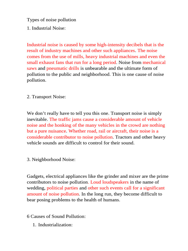 Types and Causes of Noise Pollution | PDF | Noise | Sound