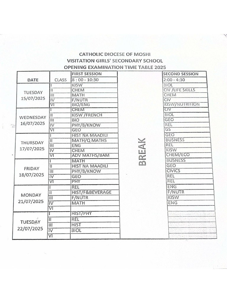 Opening Examination Timetable | PDF