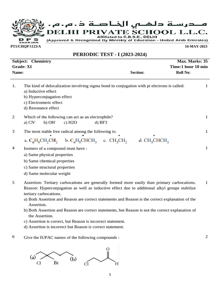 PT1 GR11 Chem Set1 QP 2023-24 51907 | PDF | Methyl Group | Chemical Bond