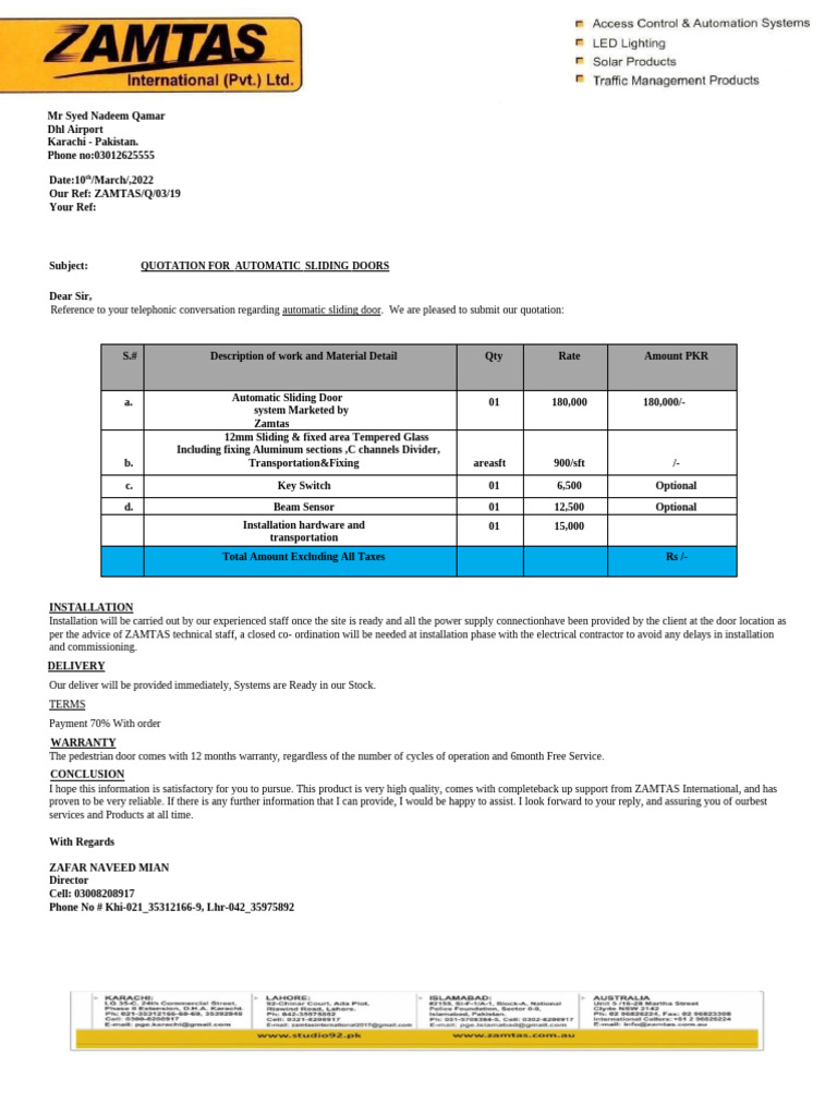 Dhl Sliding Door (Quotation March 2022 (1) | PDF