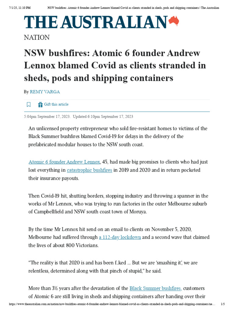 NSW Bushfires - Atomic 6 Founder Andrew Lennox Blamed Covid As Clients Stranded in Sheds, Pods ...