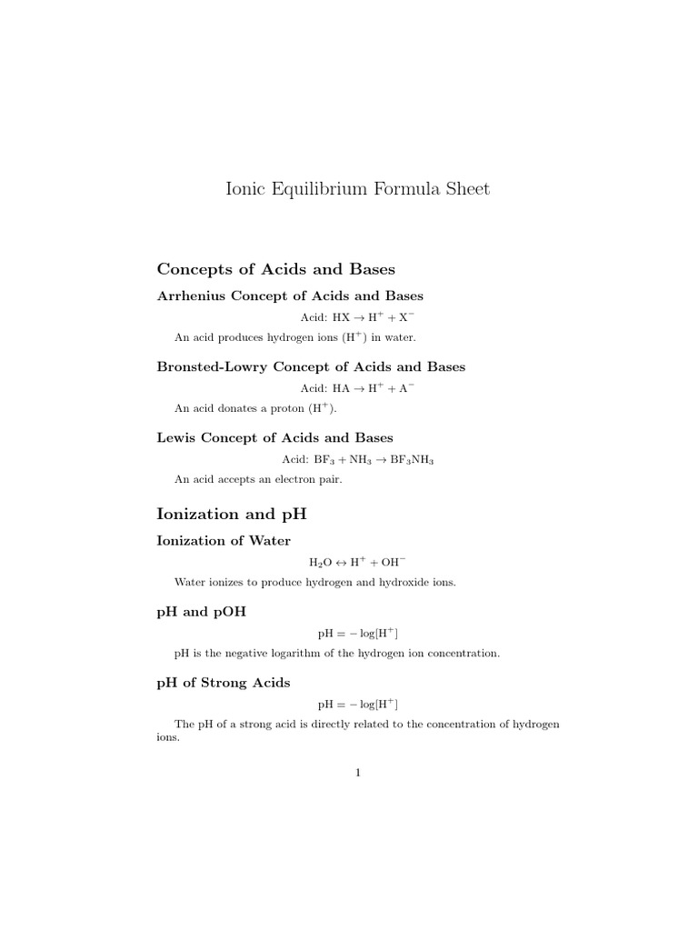 Ionic Equilibrium Formula Sheet Vidya Mandir Notes | PDF | Acid | Ph